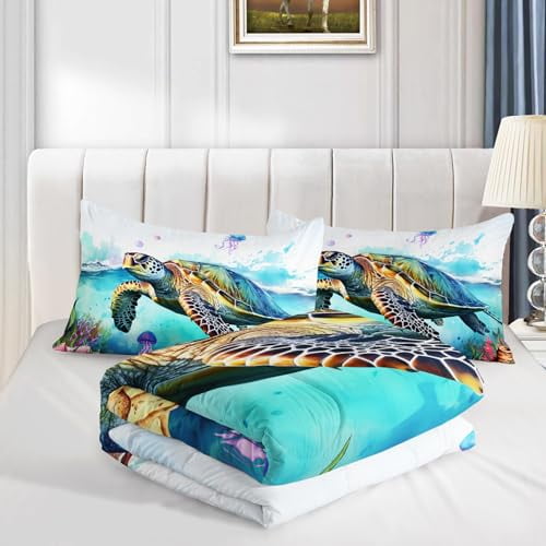 Axolotl Sea Turtle Comforter Set Queen,Coastal Beach Themed Comforter ...
