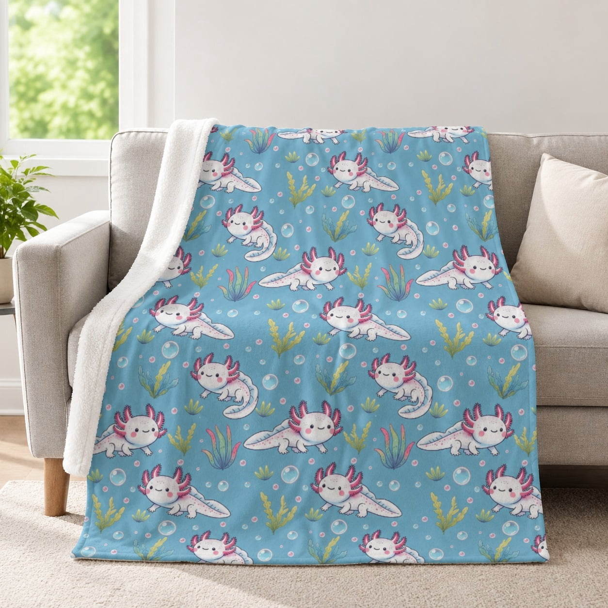 Axolotl Sherpa Blanket, Cute Blue Sea Animal Fleece Throw Blanket for ...