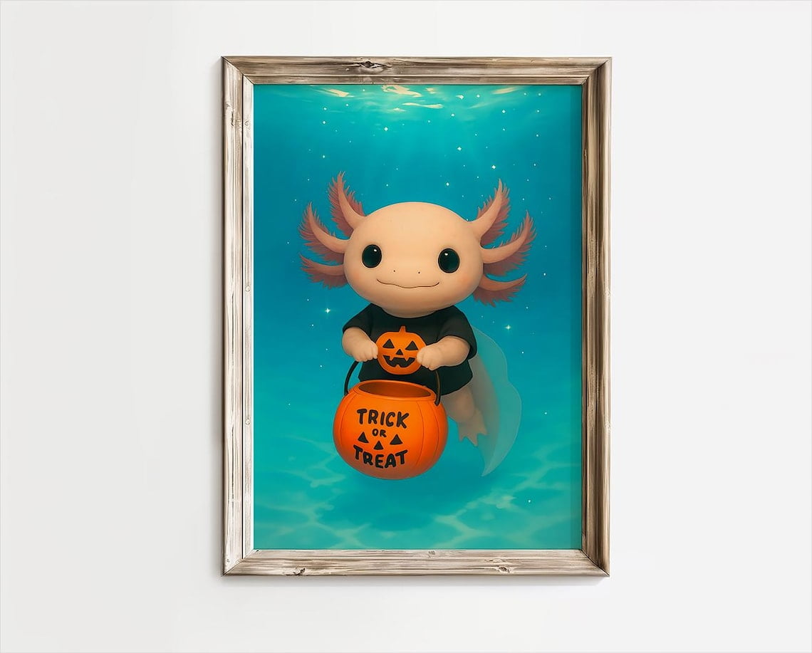 Axolotl Trick Or Treat Wall Art, Cute Axolotl Print, Playroom Wall Art ...