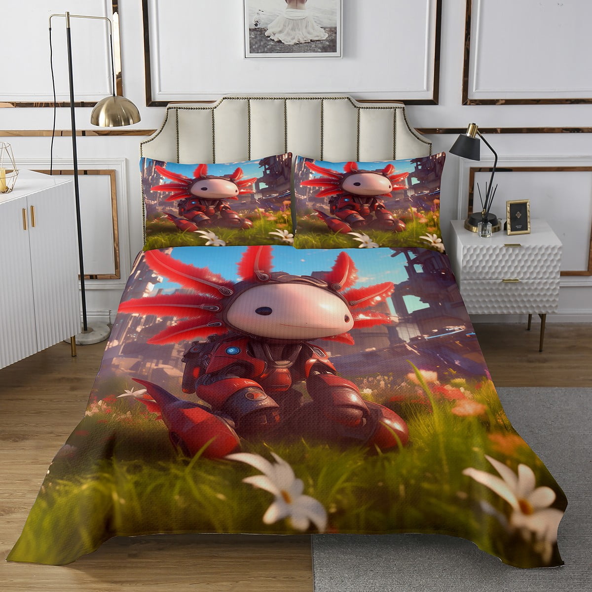 Axolotl Twin Size Quilt Set,Robot Axolotl Bedspread Set Cartoon ...