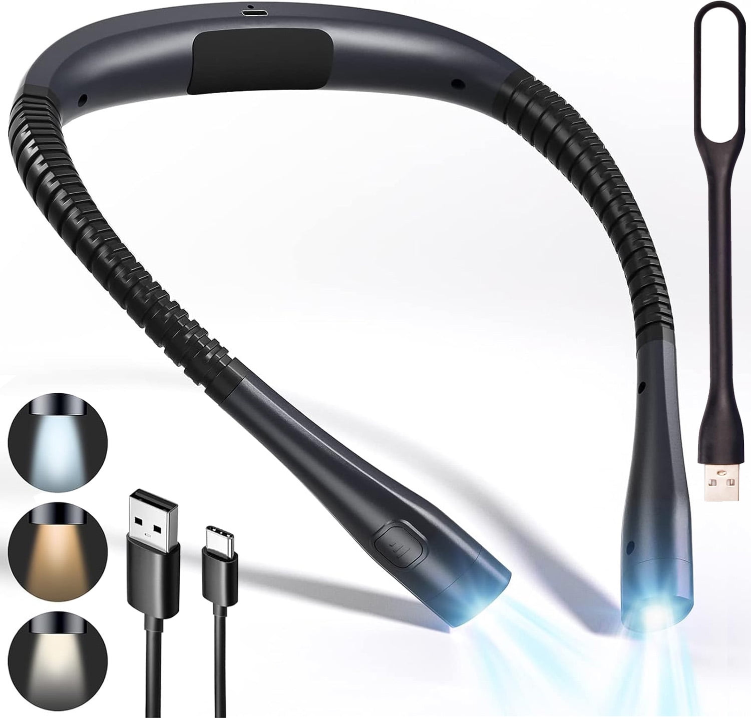 Portable LED Neck Reading Light, 3 Colors & Brightness Levels, USB ...