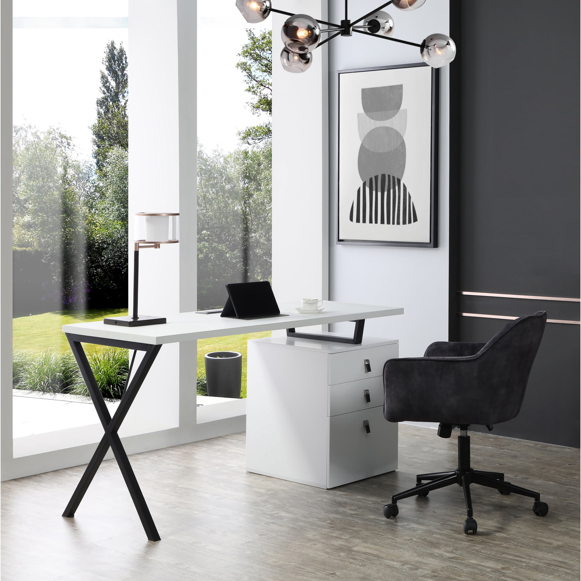 Axton Rectangular MDF Desk with Handles, 3 Drawers and Steel Leg, White ...