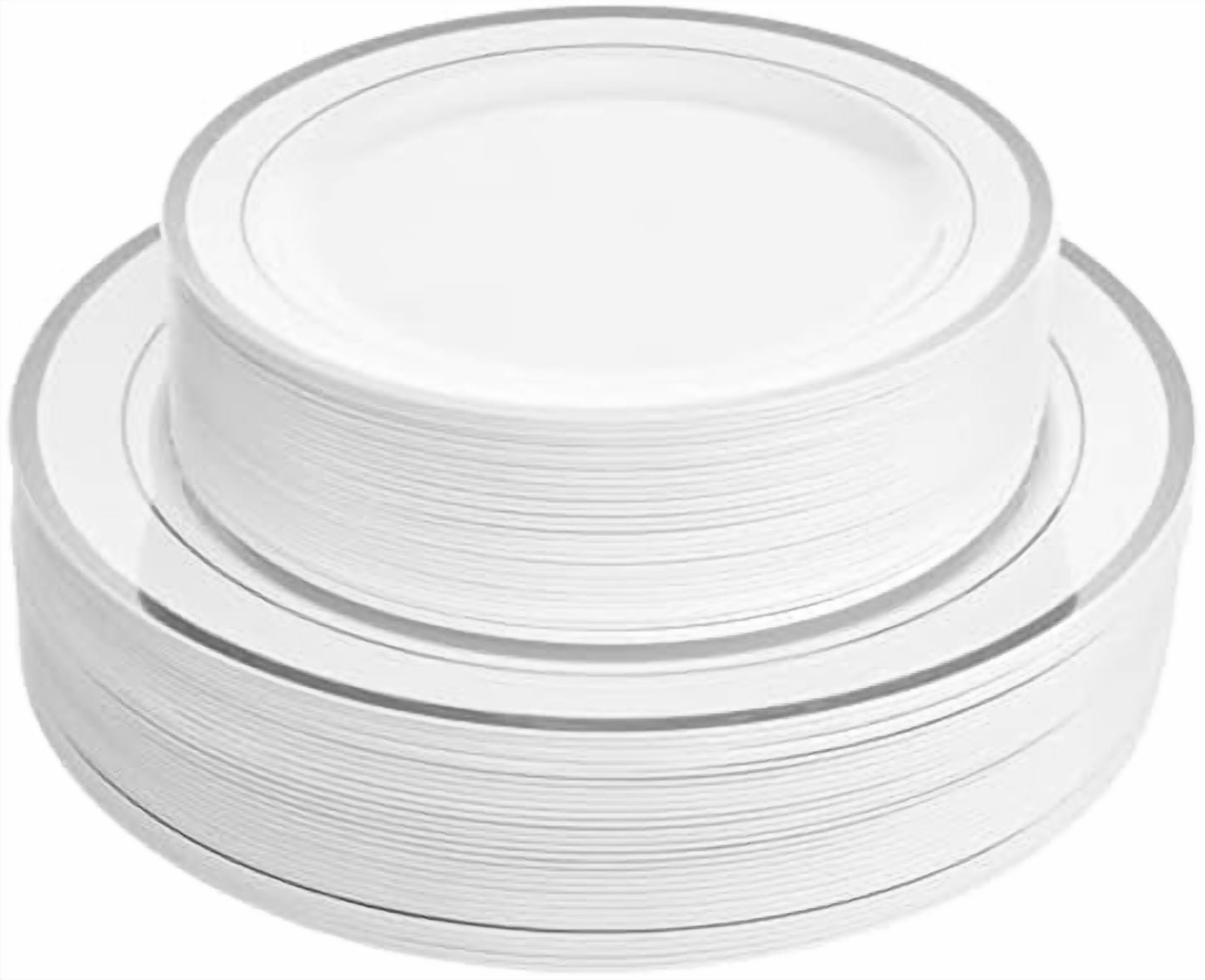 Aya's 100 Silver Rimmed Disposable Dinner and Dessert Plates Set - 50 ...