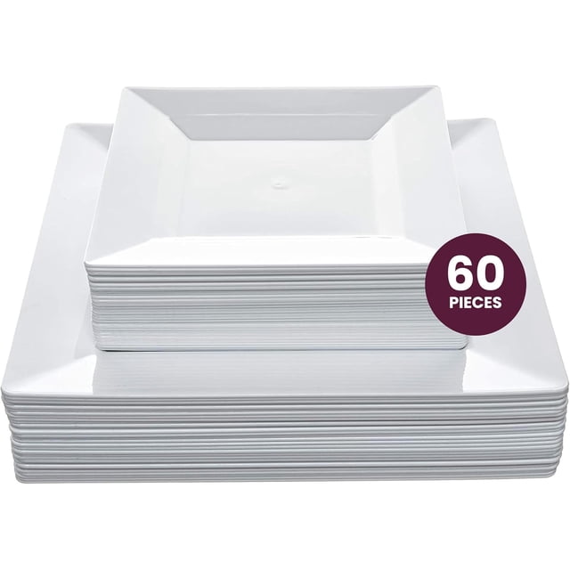 Aya's 60ct White Square Disposable Plates - Heavy Duty Plastic Party ...