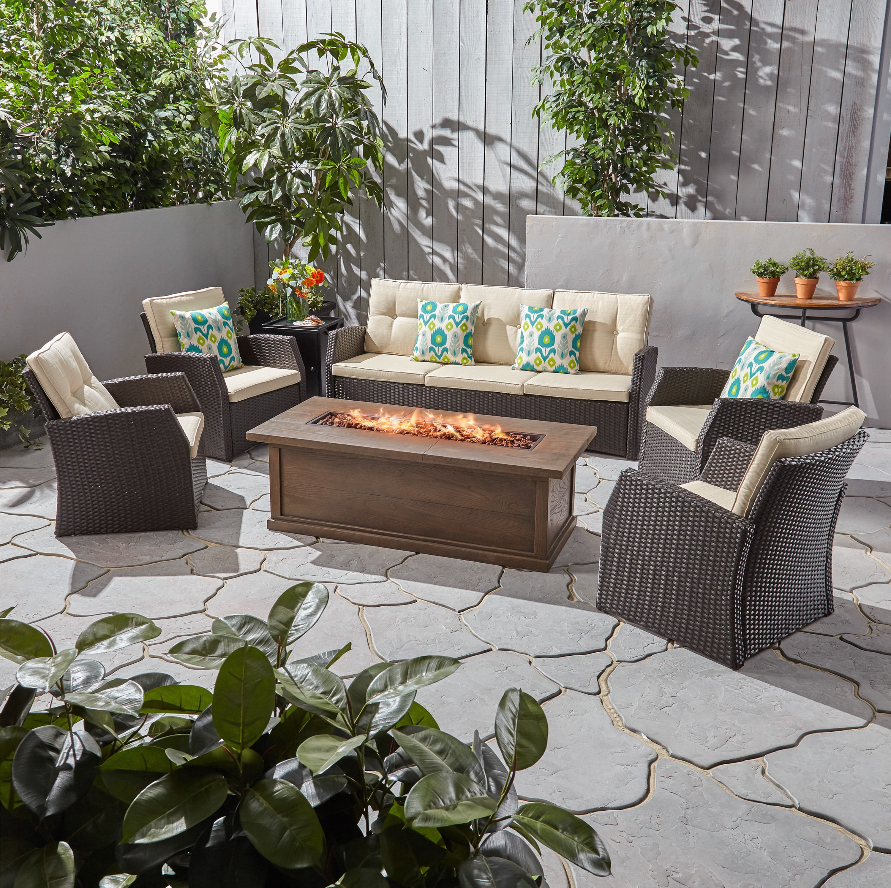 Aydin Outdoor 7 Piece Wicker Chat Set with Cushions and Fire Pit, Dark ...