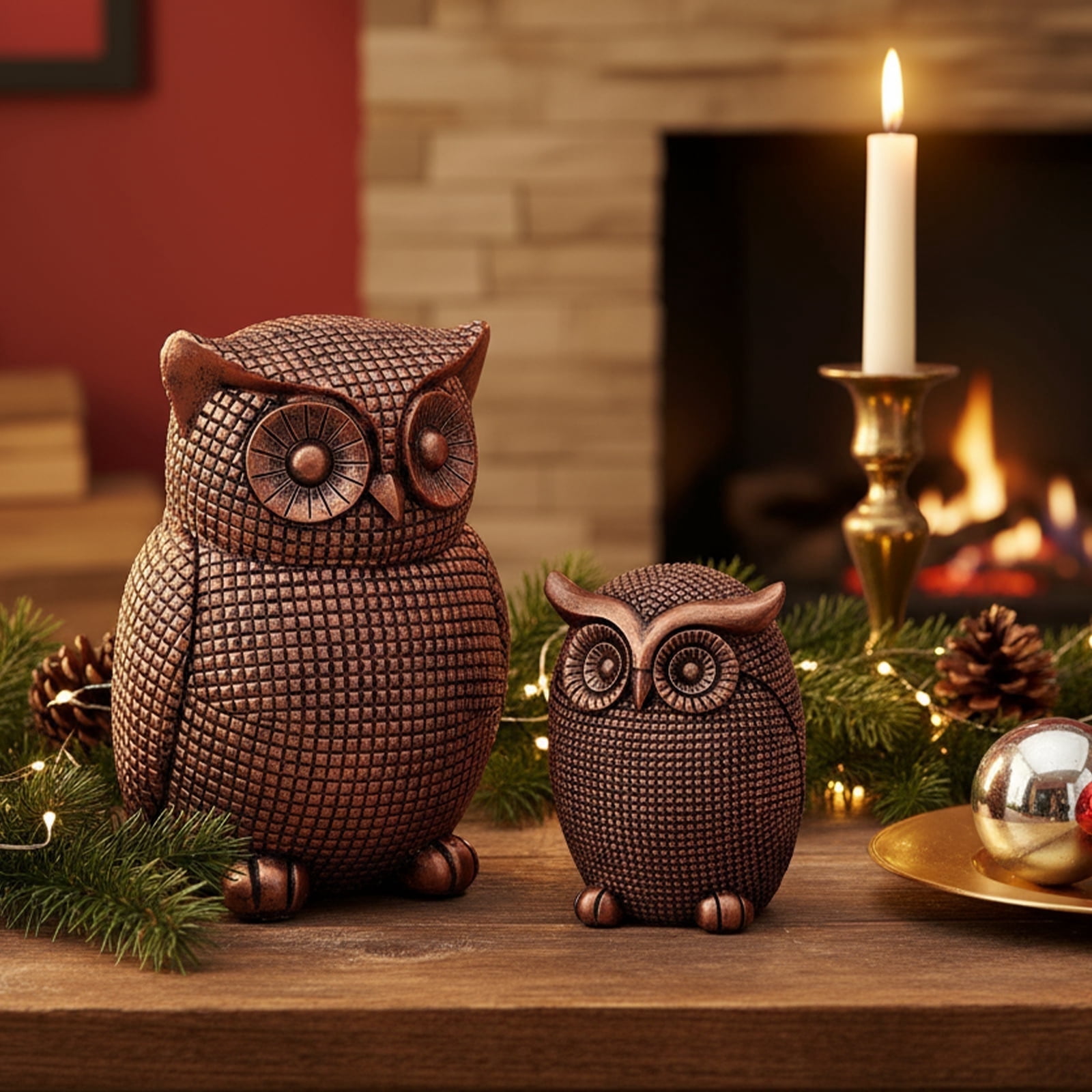 Ayieyill 2pcs Owl Figurines Christmas Tabletop Decorations Fireplace ...
