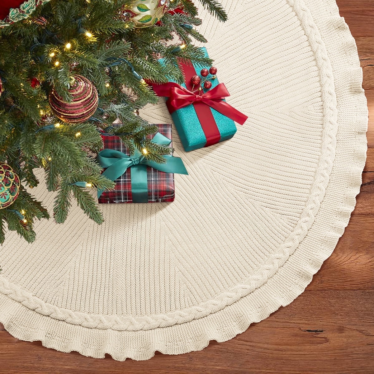 Ayieyill 48 inch White Christmas Tree Skirt, Knitted Thick Rustic Xmas ...