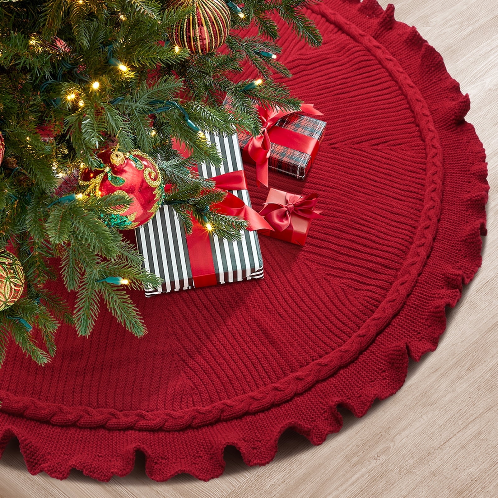 Ayieyill 48 inches Red Christmas Tree Skirt, Knitted Thick Rustic Xmas ...