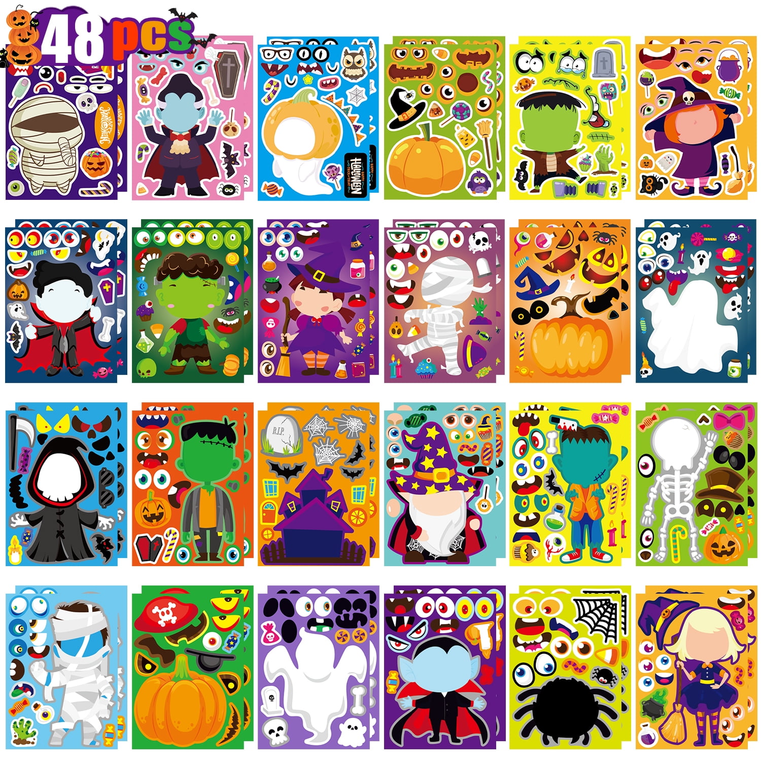 Ayieyill 48PCS Halloween Make a Face Sticker Pack for Kids, Halloween ...