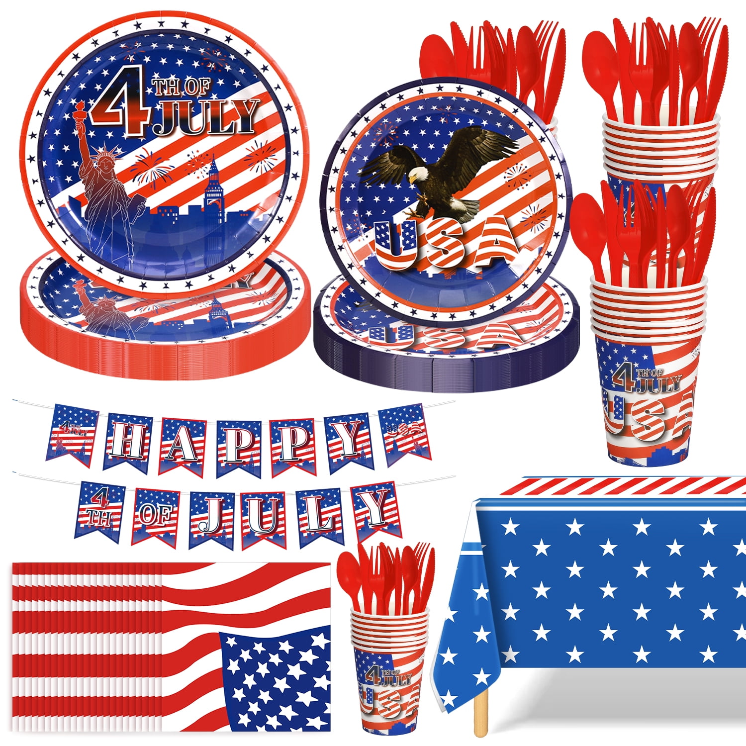 Ayieyill 170Pcs Fourth of July Party Supplies, Patriotic Tableware Set ...