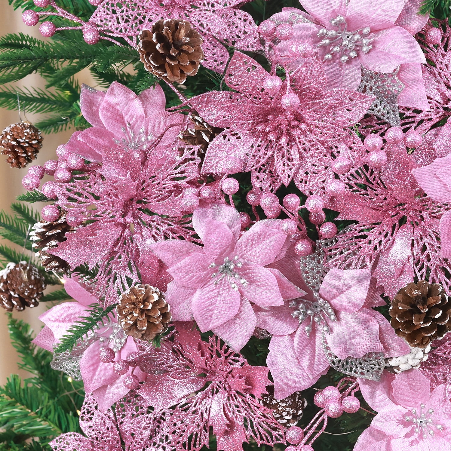 Ayieyill Christmas Decorations Set: 56 Pcs Pink Poinsettia Flowers ...