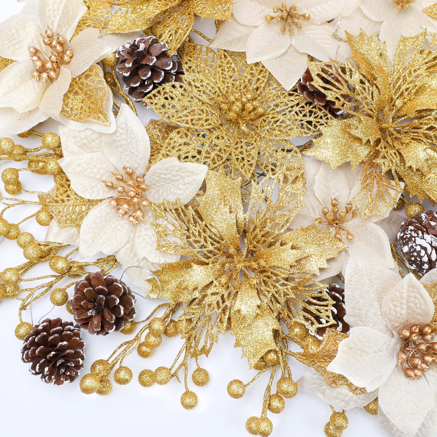 Ayieyill 56Pcs Poinsettia Christmas Decorations, Glitter Berry Stems ...