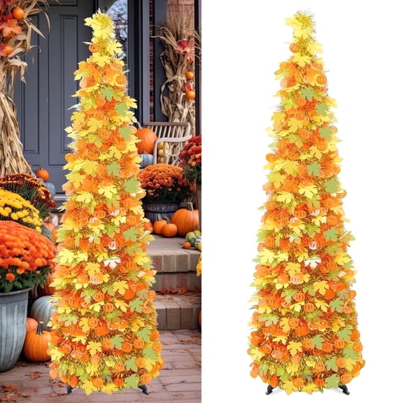 6FT Slim Pop Up Halloween Thanksgiving Tree with Fairy Lights Harvest ...
