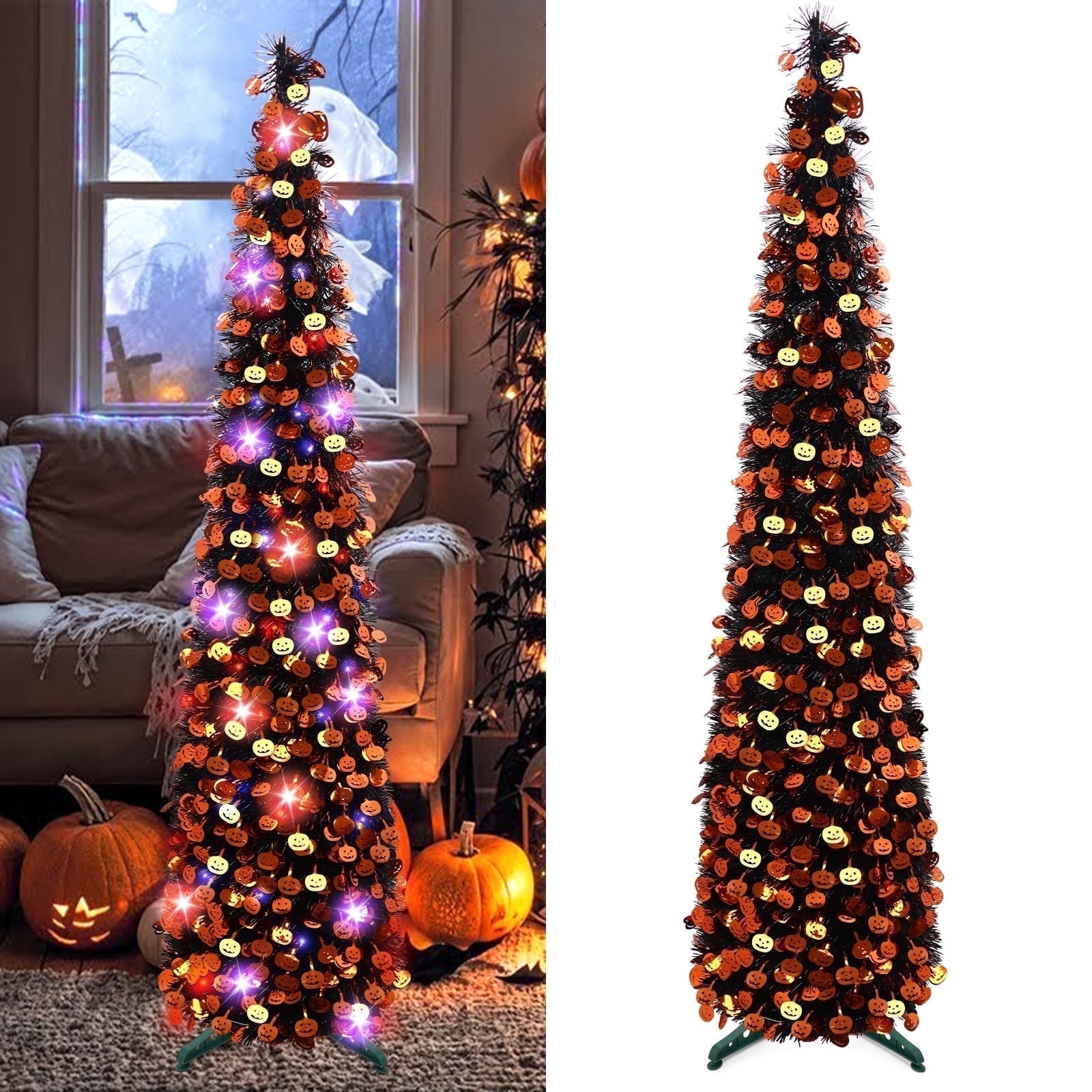Ayieyill 5ft Black Halloween Tree, Prelit with 50 LED Lights, Tinsel ...