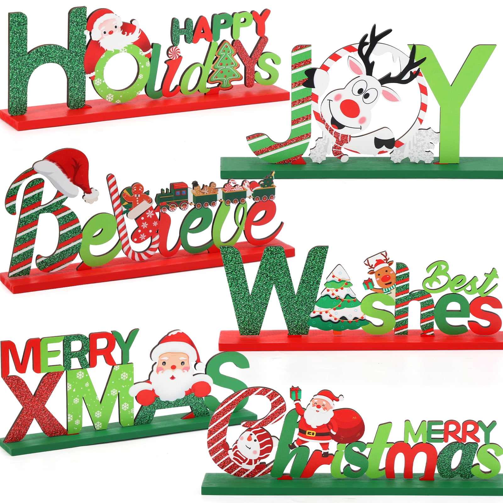 Ayieyill 6 Christmas Table Decorations Signs, Merry Wooden Christmas ...