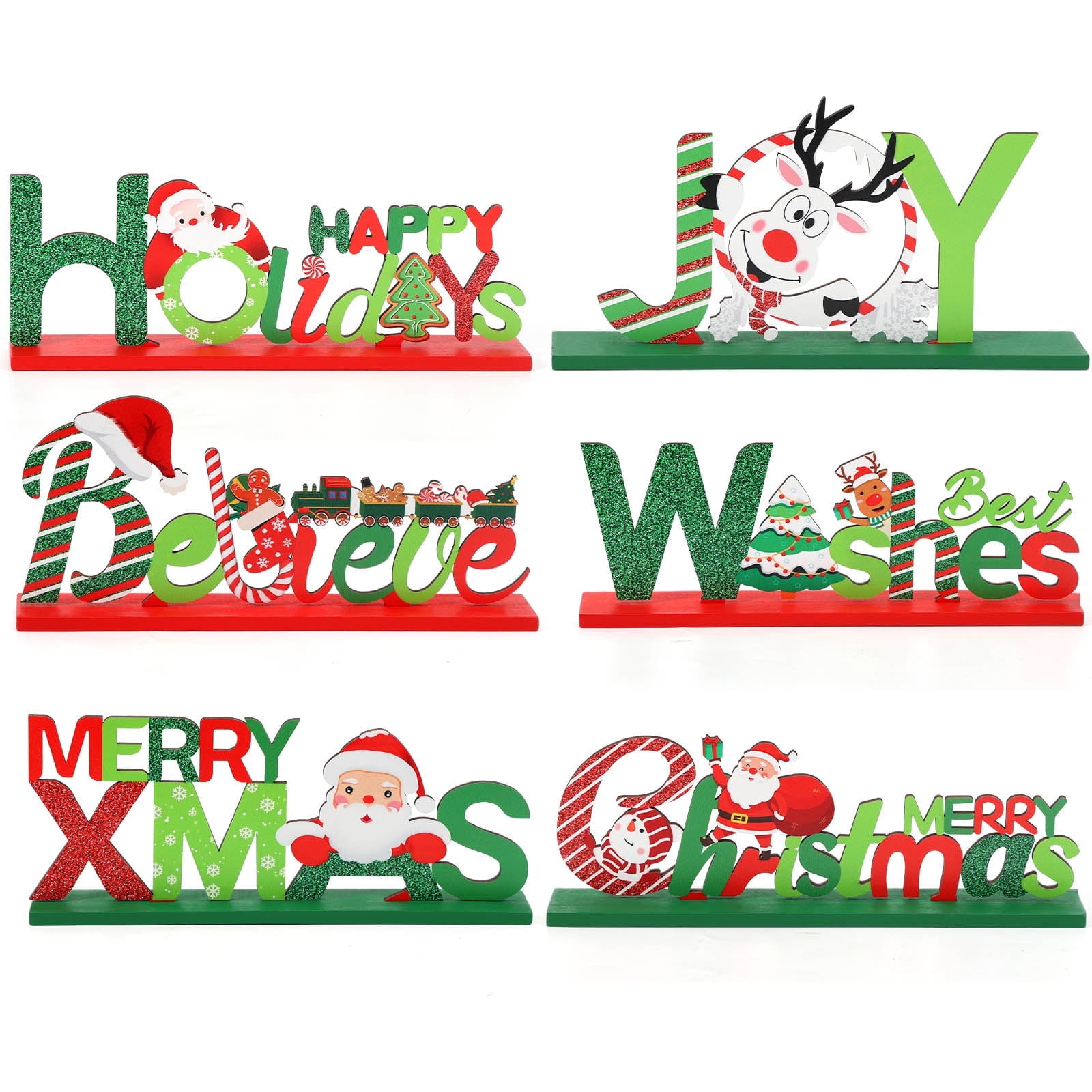 Ayieyill 6 Christmas Table Decorations Signs, Merry Wooden Christmas ...