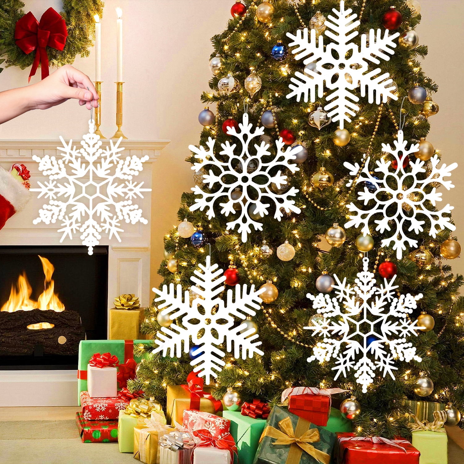 Ayieyill 6pcs Large Glitter Snowflakes, 12” Plastic Decorations for ...