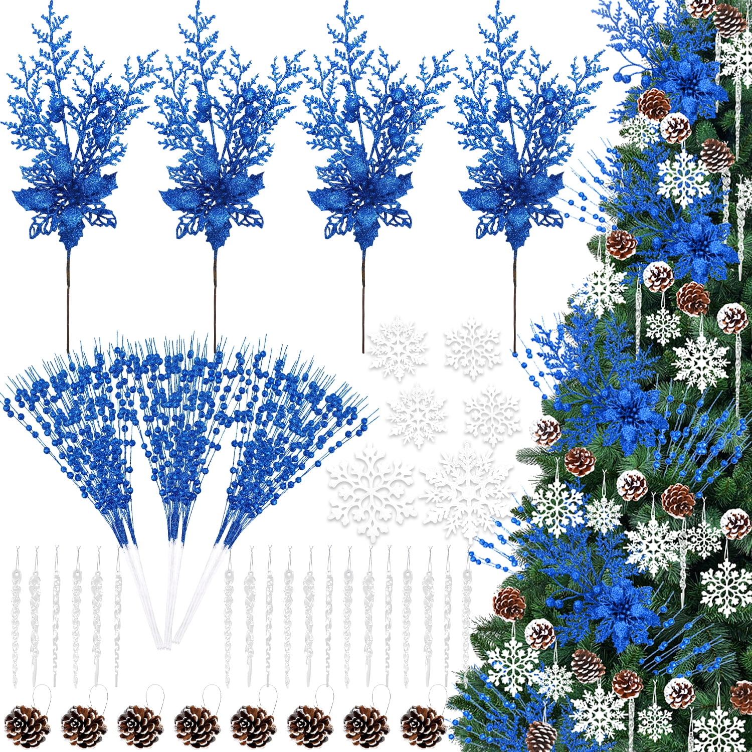Ayieyill, 84Pcs Christmas Tree Decorations Flowers, Glitter Berry Stems ...