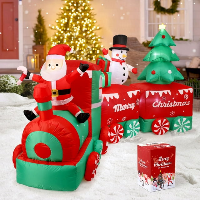 Ayieyill 10.5FT Christmas Inflatables Santa Claus on The Train with Elf ...