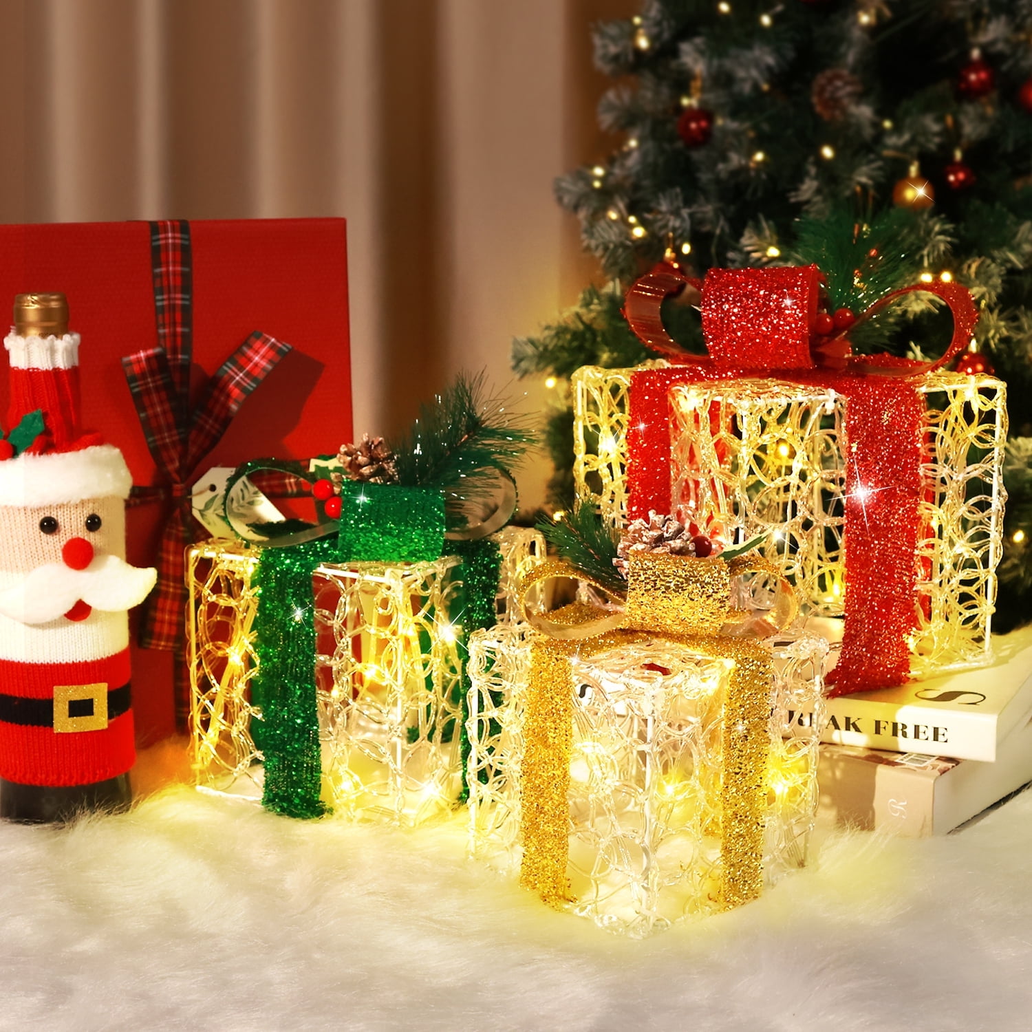Ayieyill Set of 3 Christmas Lighted Gift Boxes, Christmas Decorations with Warm White Lights ...