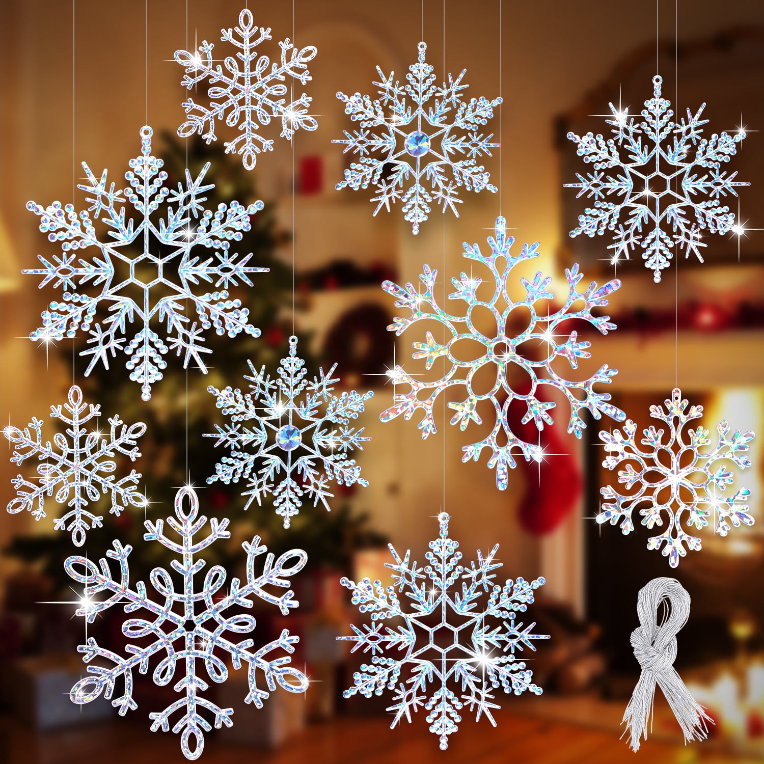 Ayieyill 8pcs Large Glittery Plastic Snowflakes - 12'' Christmas Tree ...