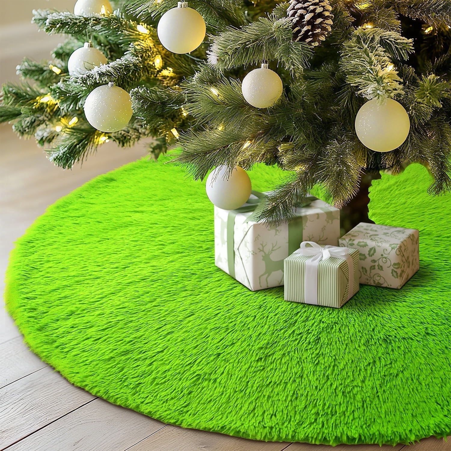 Ayieyill Christmas Tree Skirt, 48 Inches Faux Fur Green Christmas Tree ...