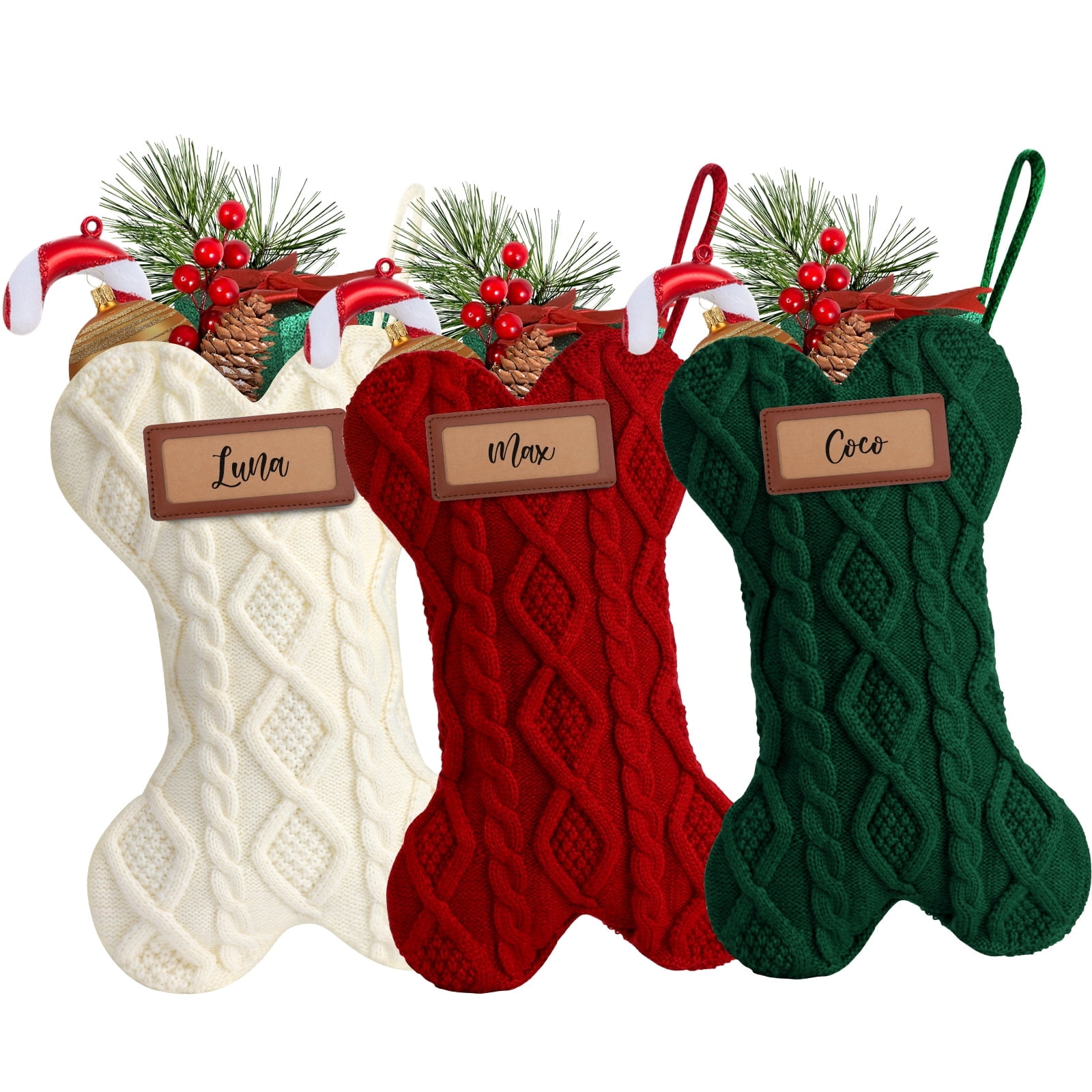Ayieyill 3pcs 18 Inch Dog Christmas Stocking, Knit White Christmas ...