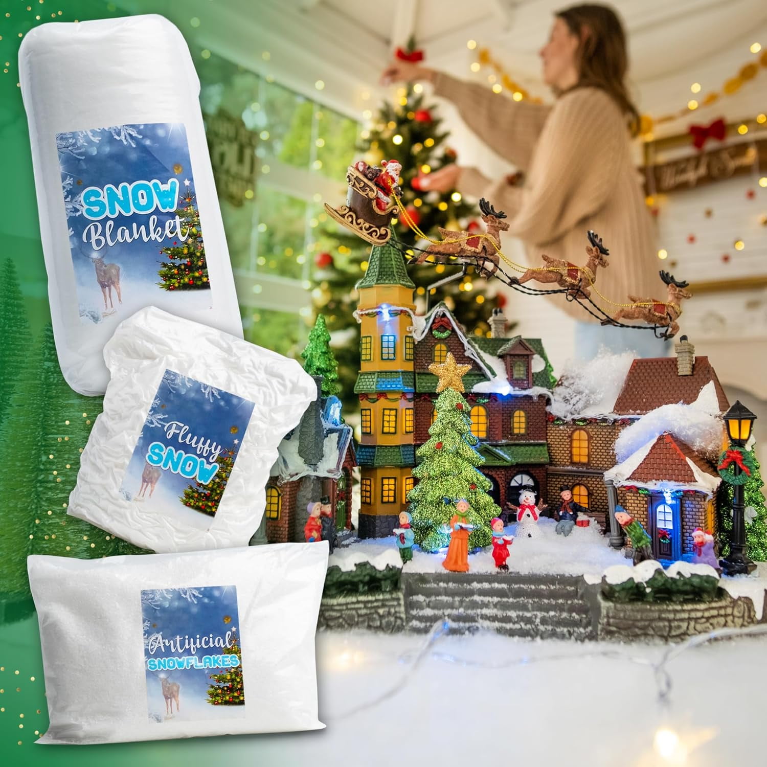Ayieyill Fake Snow Kits for Christmas (3-Piece Set), Snow Blanket Roll ...