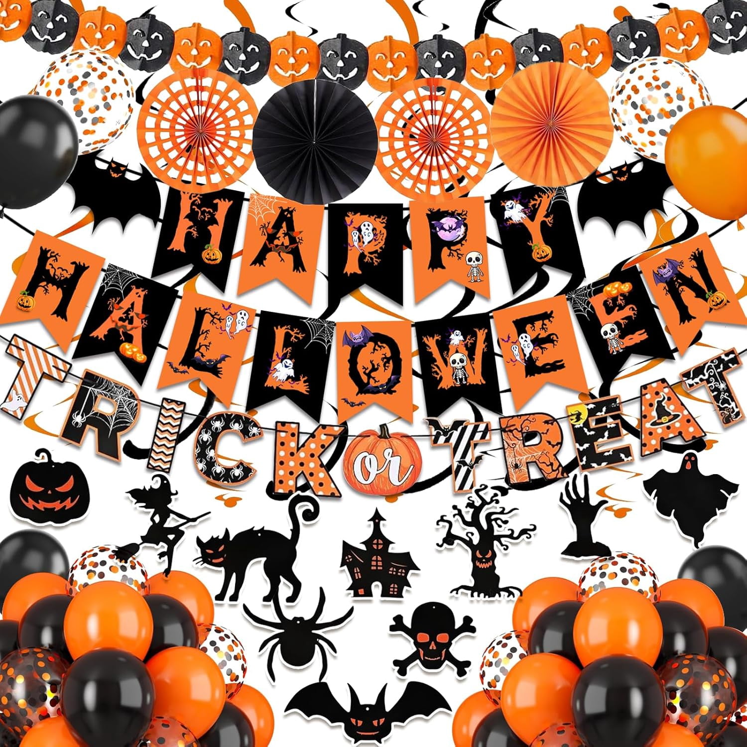 Ayieyill Happy Halloween Trick or Treat Banner Paper Fan Balloons ...