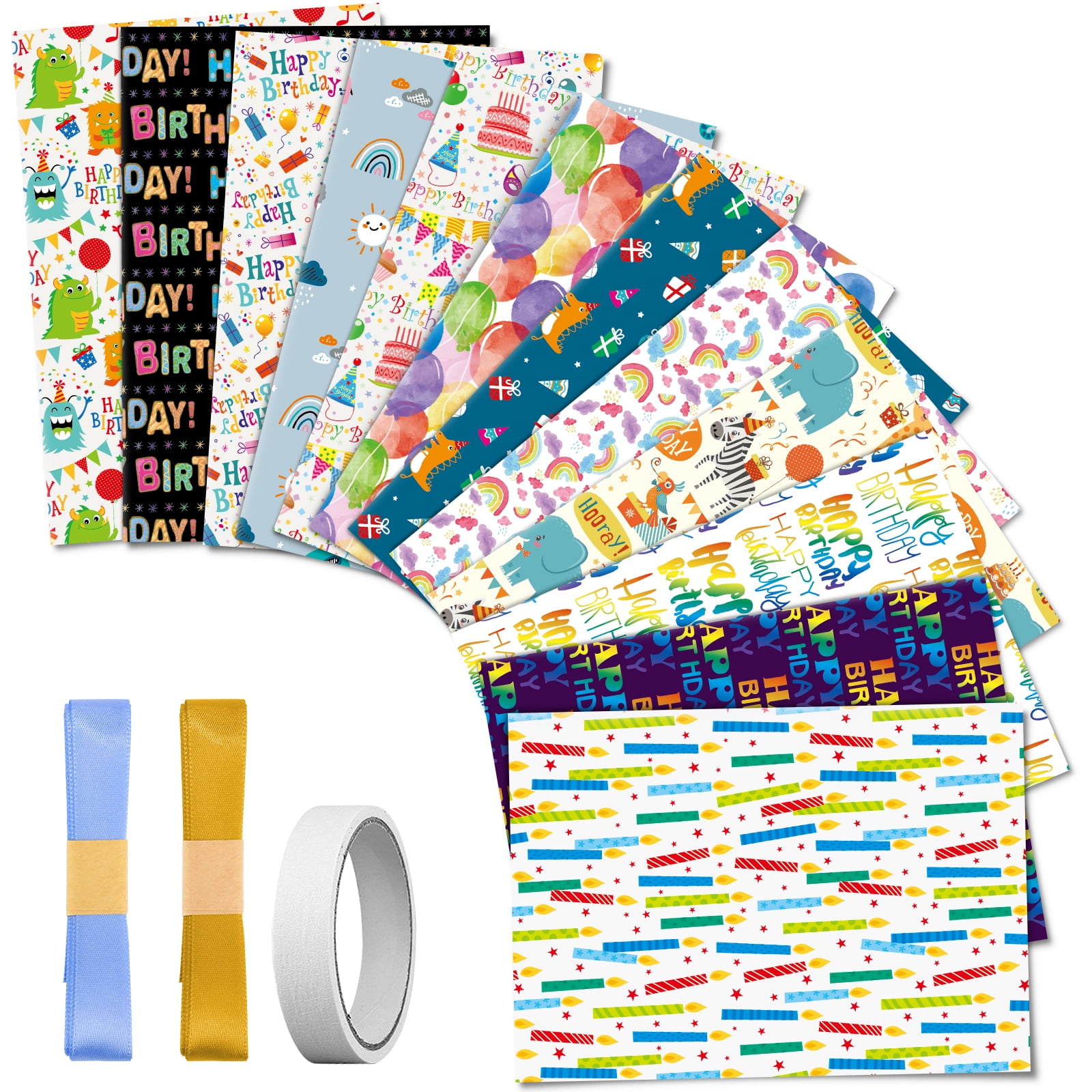 Ayieyill Birthday Wrapping Paper Roll Set of 15 with Ribbon and Tape ...