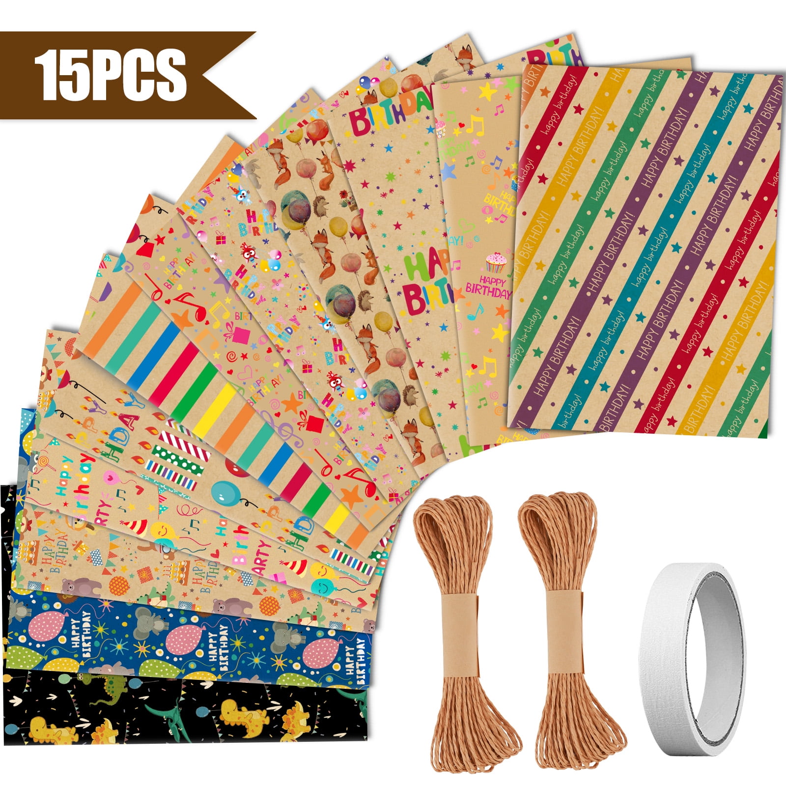 Ayieyill Kraft Birthday Wrapping Paper Roll Set of 15 with Twine and ...