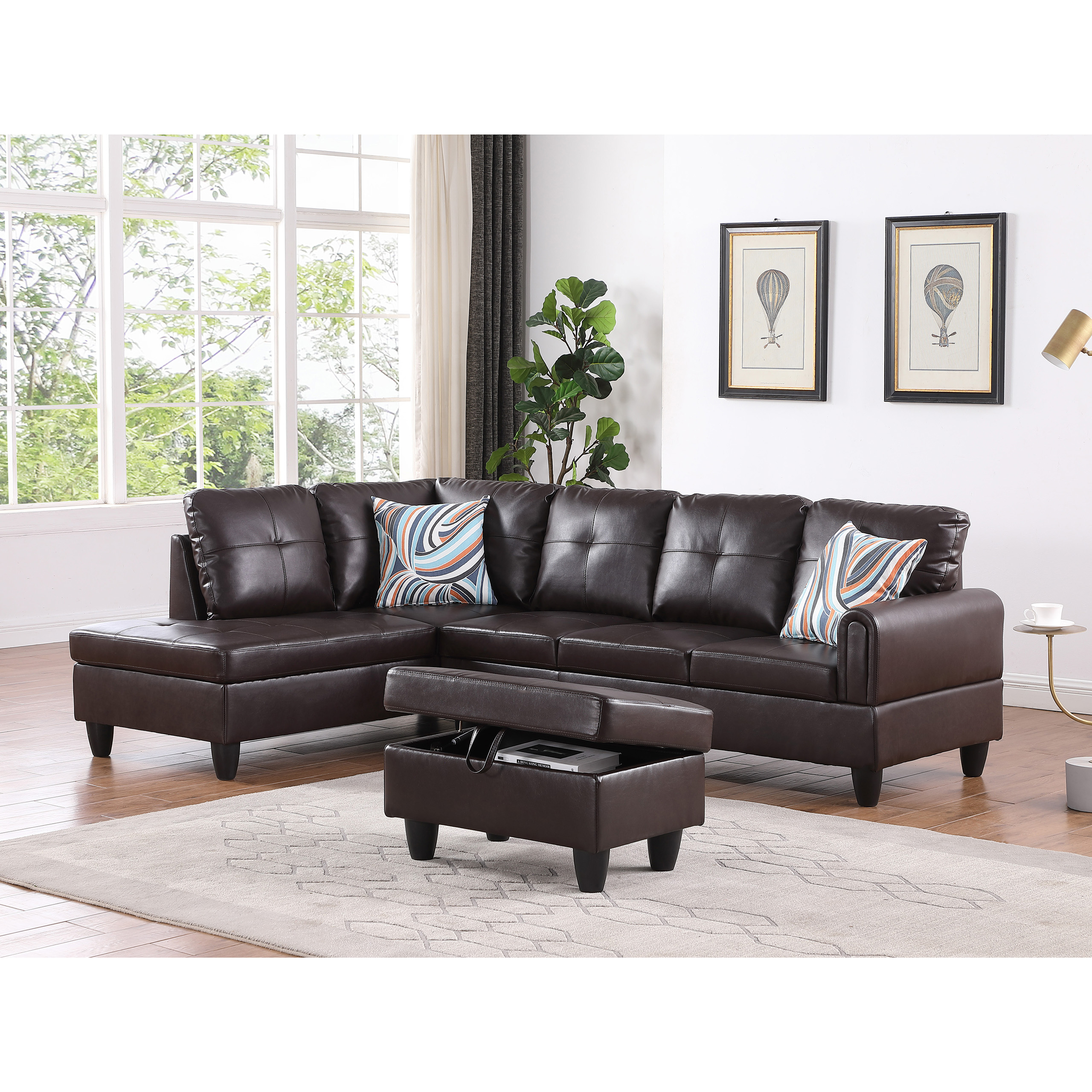 Ayla 97" Wide 3 Pieces Faux Letter Left Facing Sofa Set with ottoman ...