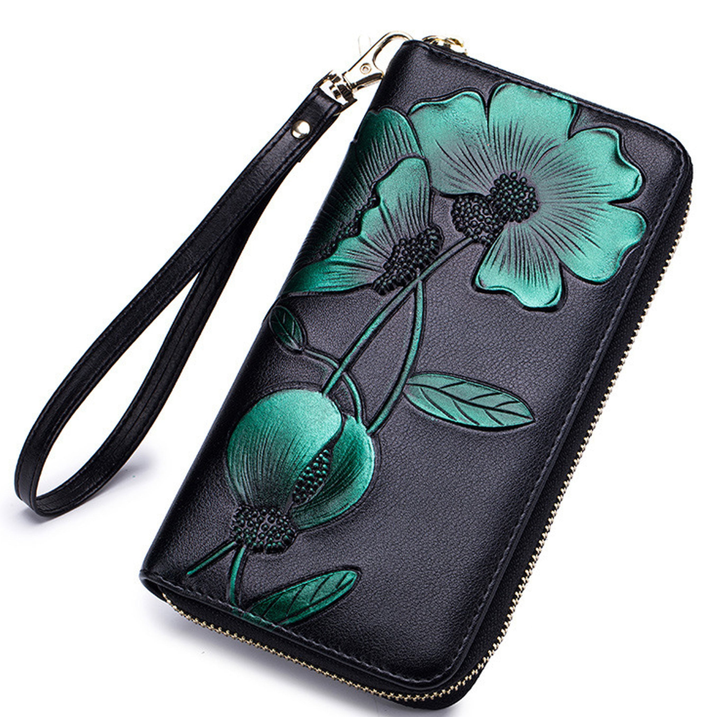 Ayli Women's RFID Block Leather Floral Zip Around Cell Phone Clutch ...