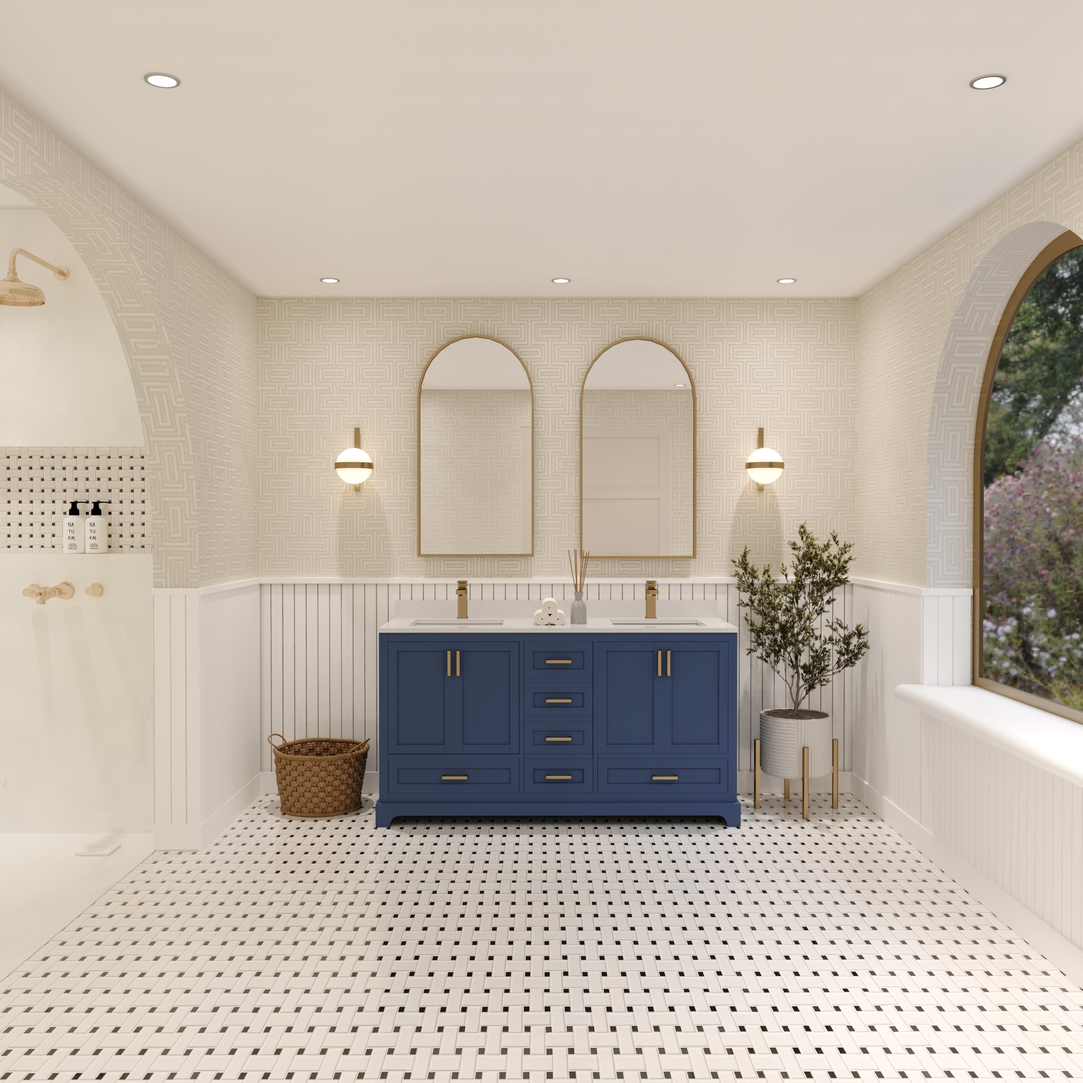 Ayna Decors Maya 60 in Navy Blue Double Sink Bathroom Vanity Set with White Quartz Countertop ...