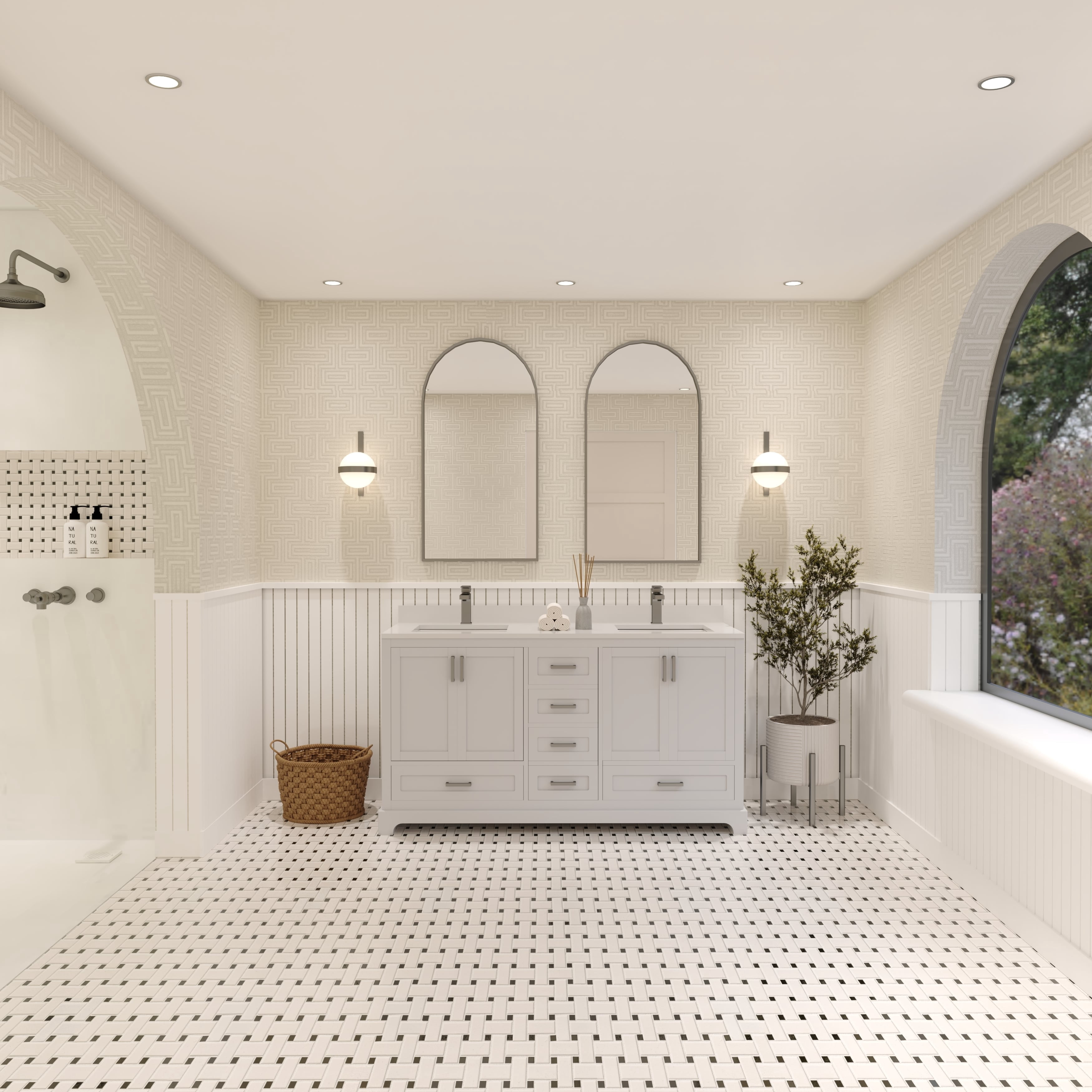 Ayna Decors Maya 60 in White Double Sink Bathroom Vanity Set with White ...
