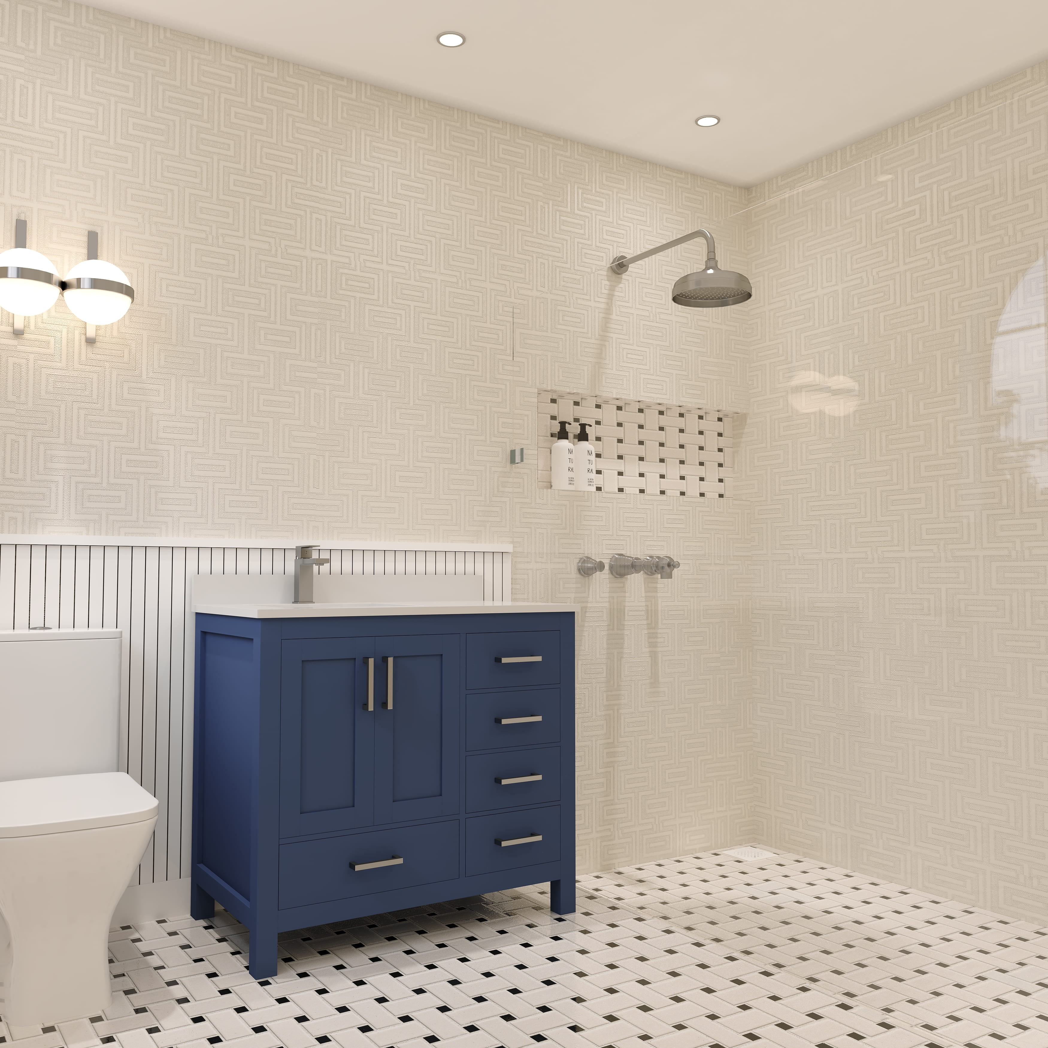 Ayna Decors Rooh 36 in Navy Blue Bathroom Vanity Set with White Quartz ...