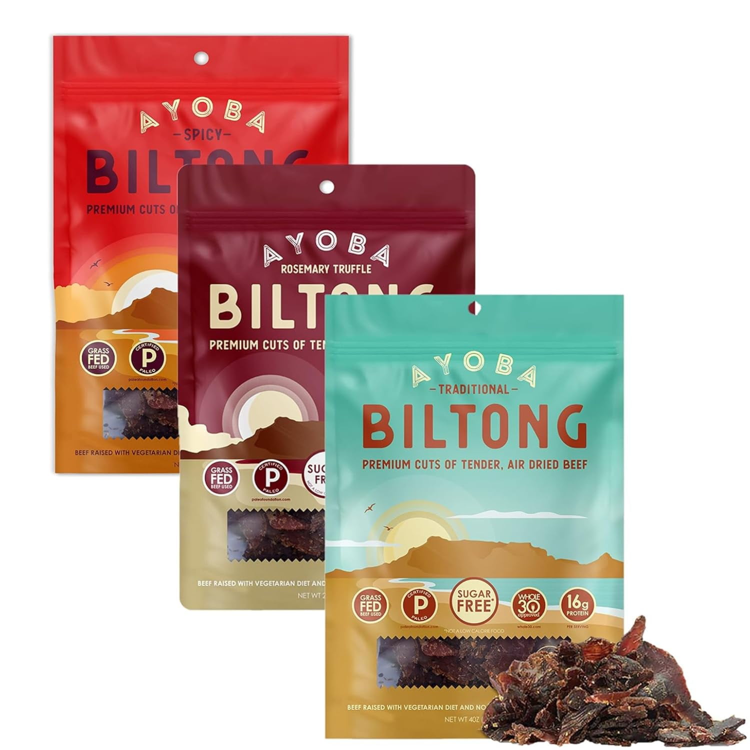 Ayoba Grass Fed Beef ESF27 Biltong Slices, Variety Pack (2 Ounce, Pack ...