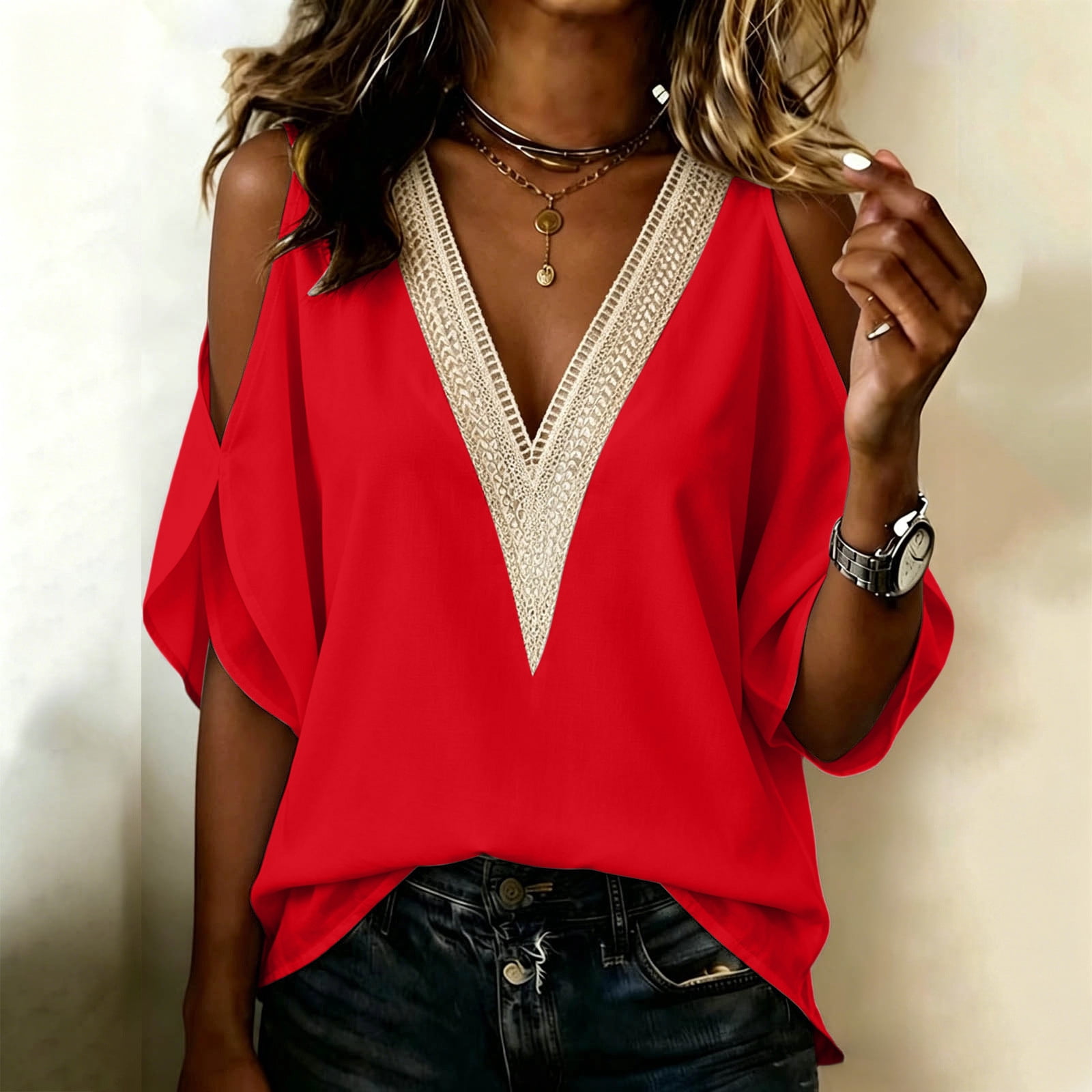 Ayolanni 3/4 Sleeve Blouses for Women Lace V-Neck Solid Dressy Blouse ...