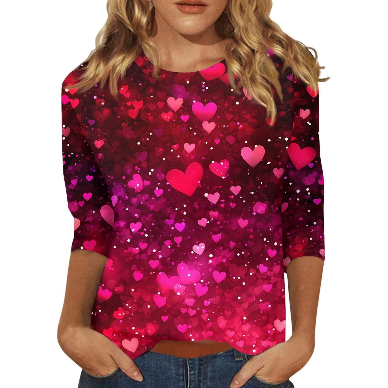 Ayolanni 3/4 Sleeve Scrub Tops Women Red Pullover Love Print Crew Neck ...