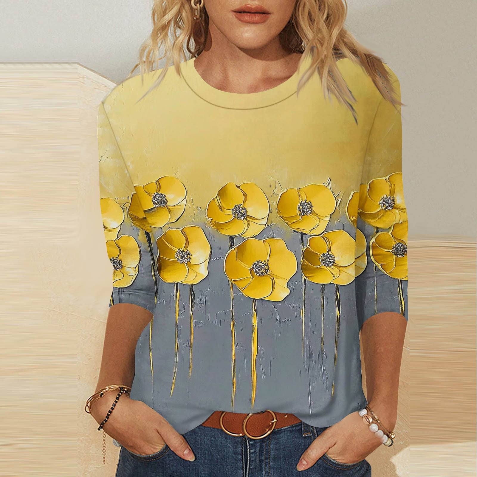 Ayolanni 3/4 Sleeve Summer Tops for Women Yellow Crew Neck Floral Print ...