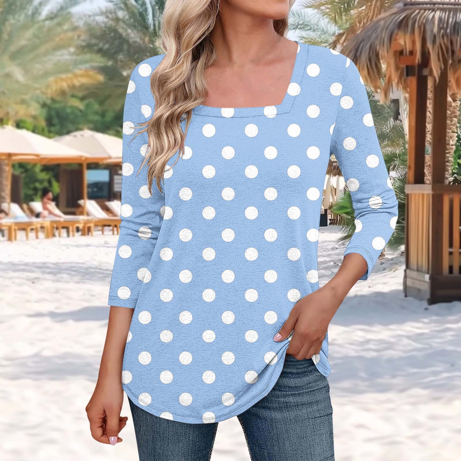 Ayolanni 3/4 Sleeve Women Shirt Blue Square Neck Polka Dot Blouses ...