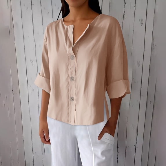 Ayolanni 3/4 Sleeve Womens Blouses V-Neck Solid Leisure Cotton Linen ...
