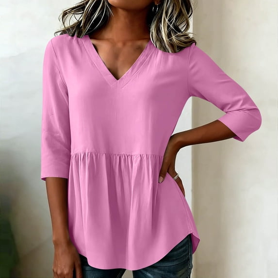 Ayolanni 3/4 Sleeve Womens T Shirts Solid V-Neck Cotton Linen Blouse ...