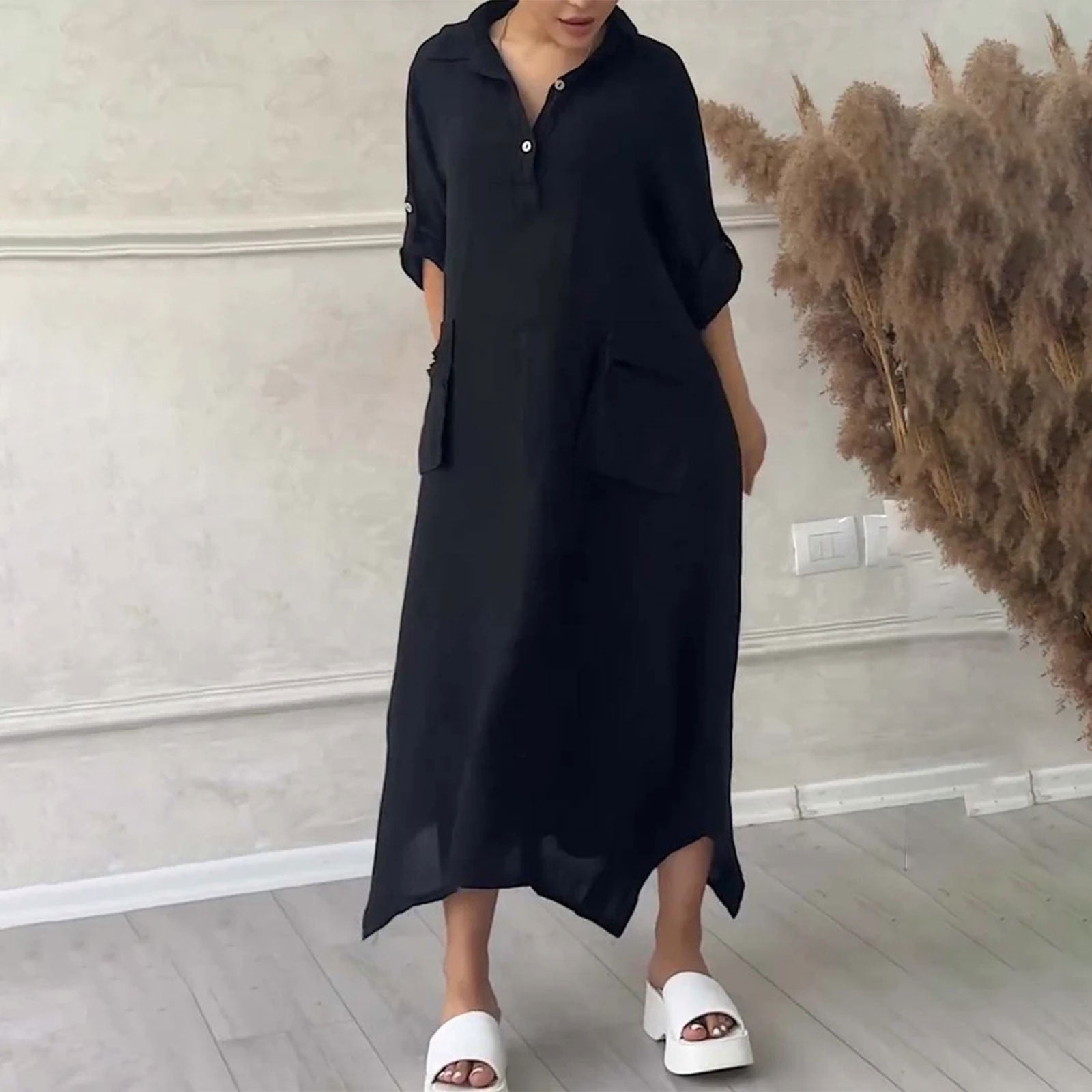 Ayolanni Baggy Dresses for Women Cotton Linen Black Solid Tab Long ...