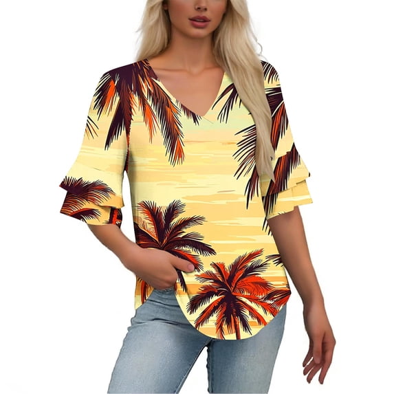 Ayolanni Beach Summer Women Blouses 3/4 Sleeve Vacation Tropical Print ...