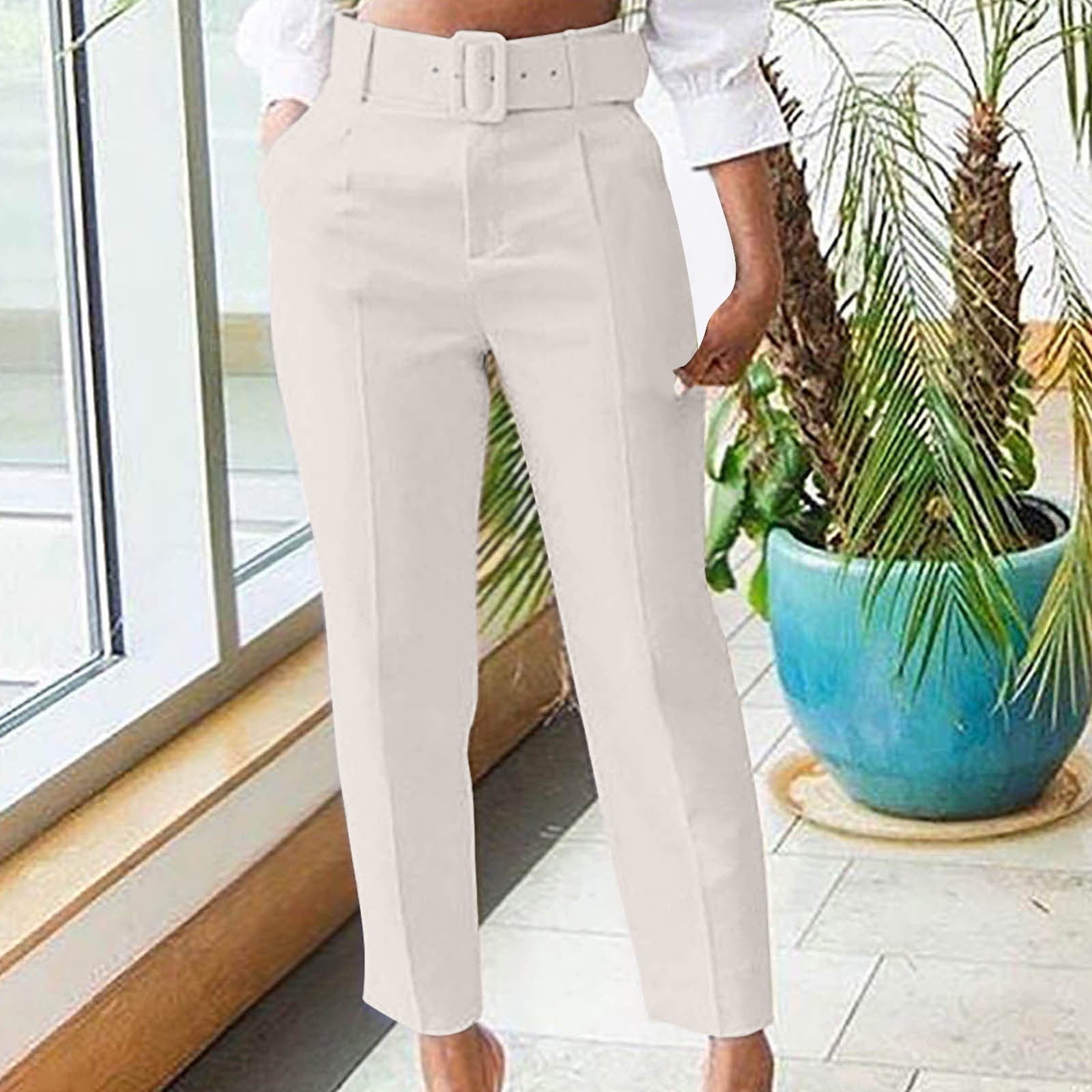 Ayolanni Belt Women's Pants Side Elastic Dressy Solid Straight Leg ...