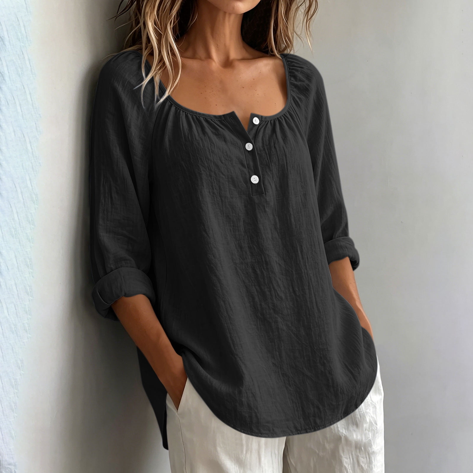 Ayolanni Blouses for Women Long Sleeve Cotton Linen Solid Square ...