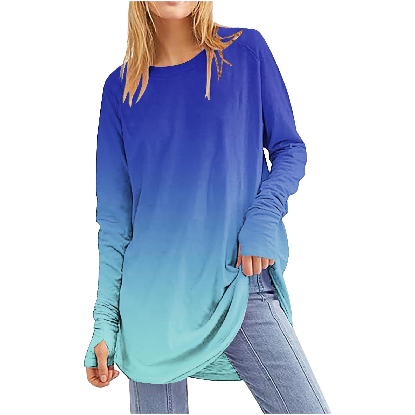 Ayolanni Blue Summer Tops for Women 2024 Long Sleeve Oversized Pullover ...