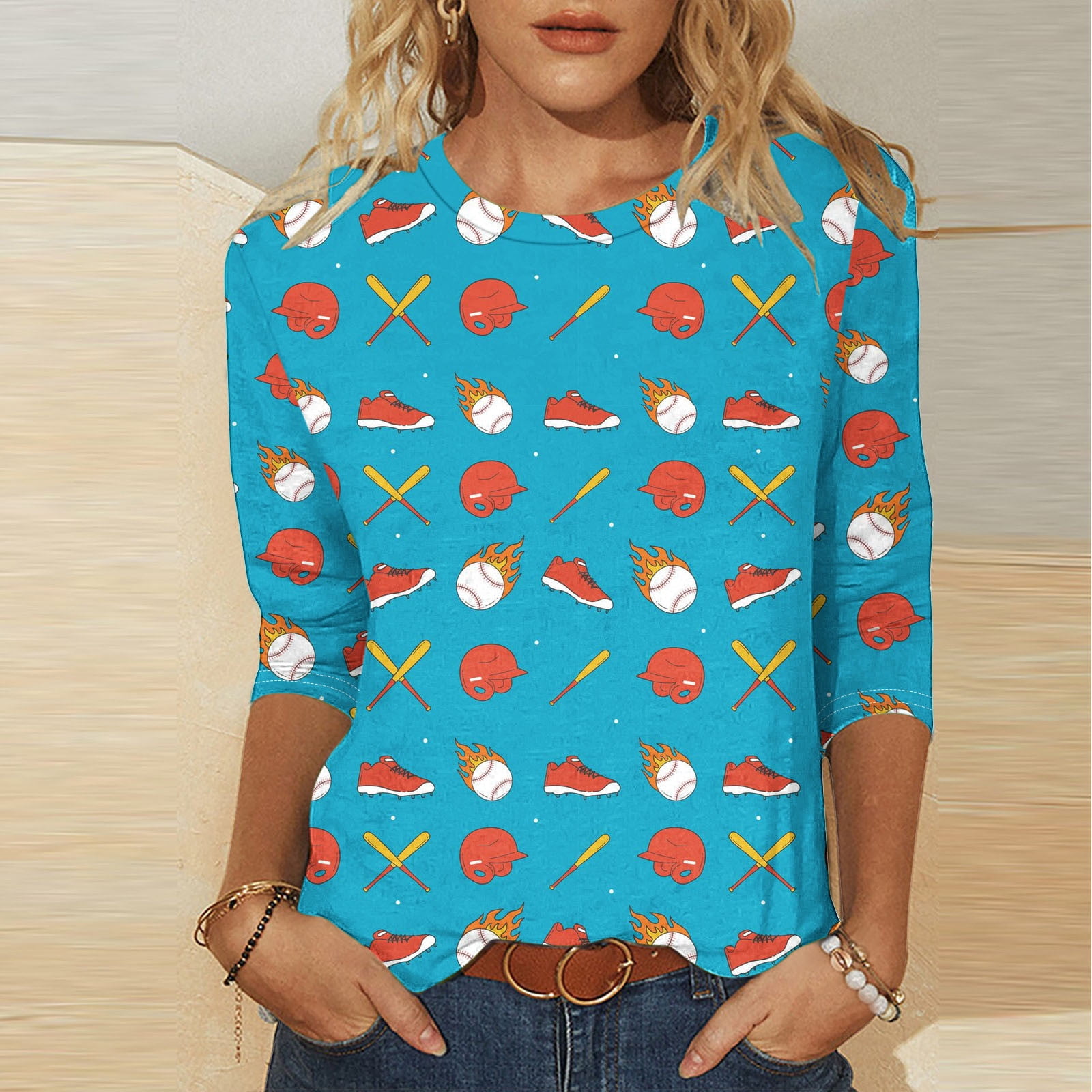 Ayolanni Blue Top For Women 34 Sleeve Baseball Crew Neck Pullover Blouses Womens T Shirt 3x