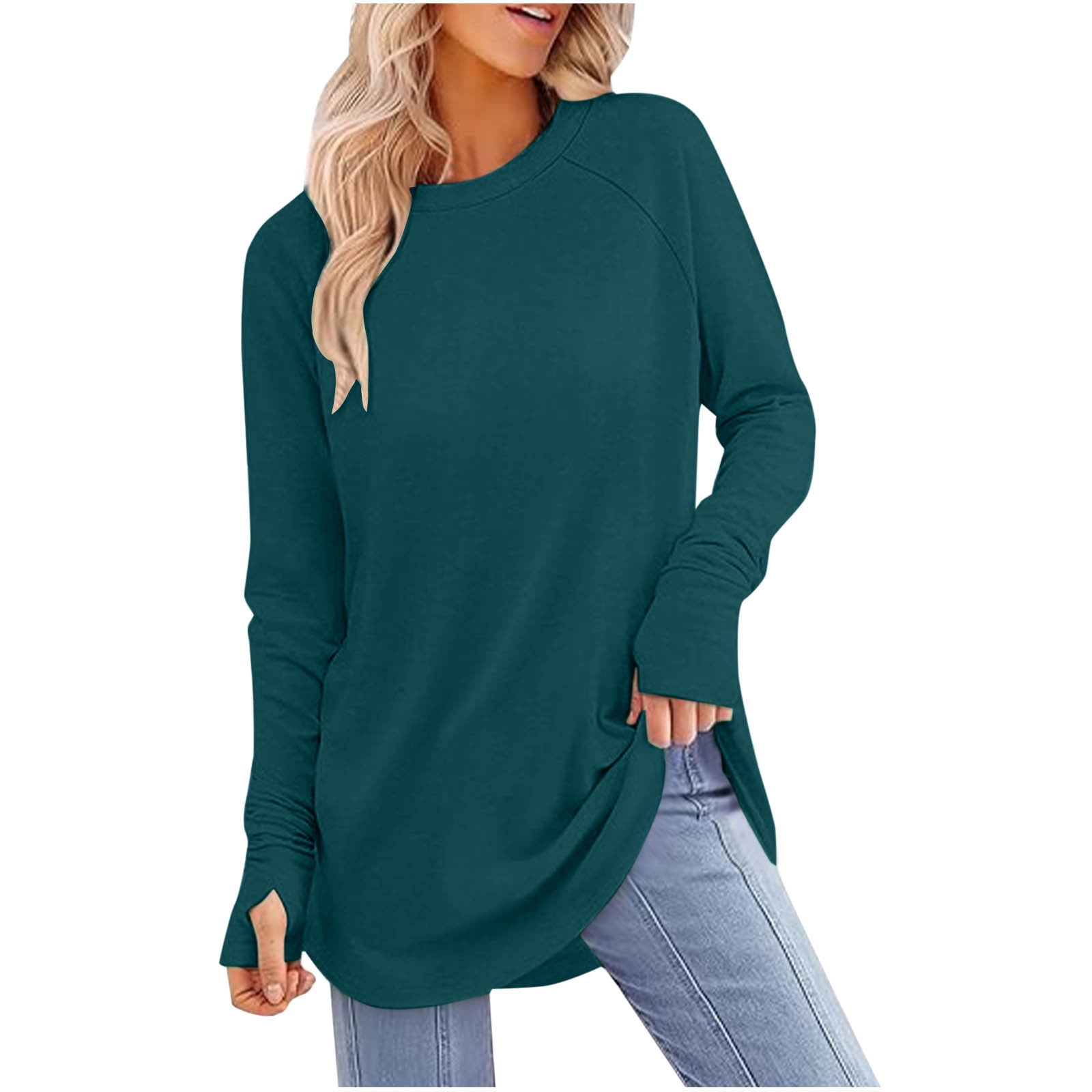 Ayolanni Blue Women Tunic Tops Oversized Long Sleeve Crew Neck Solid ...